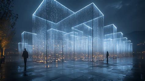 Futuristic Light Installation City Plaza Night Couple Urban