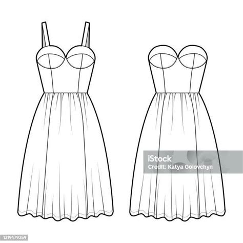 컵 민소매 스트랩리스 몸에 맞는 무릎 길이 스커트가 있는 드레스 뷔스티에 테크니컬 패션 일러스트레이션 세트 0명에 대한 스톡 벡터 아트 및 기타 이미지 Istock