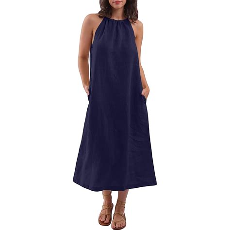 Mohiass Womens Linen Halter Sleeveless Maxi Dress Tie Back With Belt