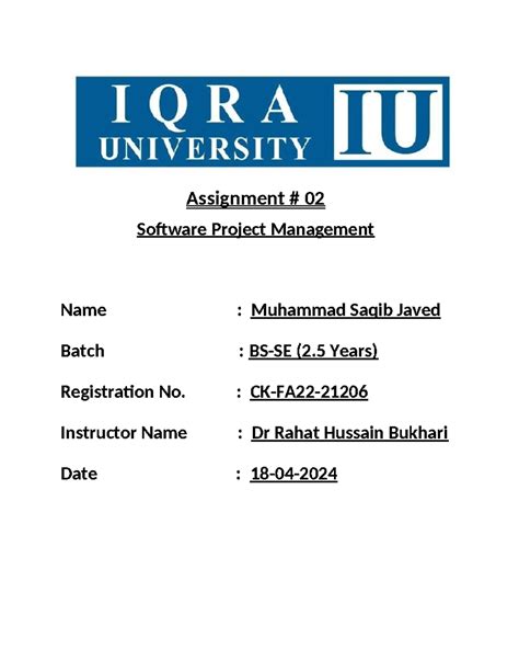 Spm Bachalor Of Software Engenering Assignment 02 Software Project Management Name
