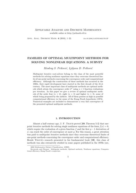 Pdf Families Of Optimal Multipoint Methods For Solving Nonlinear Equations A Survey