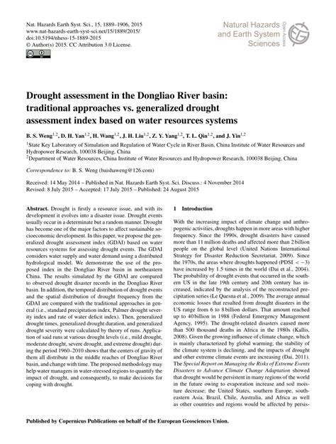 Pdf Drought Assessment In The Dongliao River Basin Traditional Approaches Vs Generalized