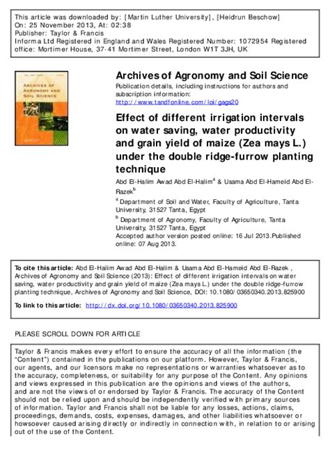 Pdf Effect Of Different Irrigation Intervals On Water Saving Water Productivity And Grain