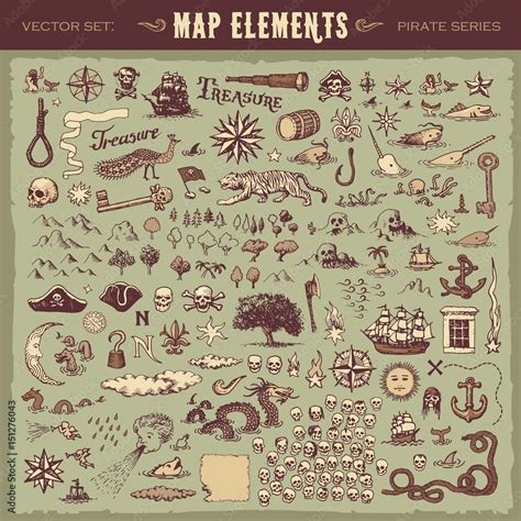 Vector Illustrated Set Of Various Vintage Map Elements Stock Vector