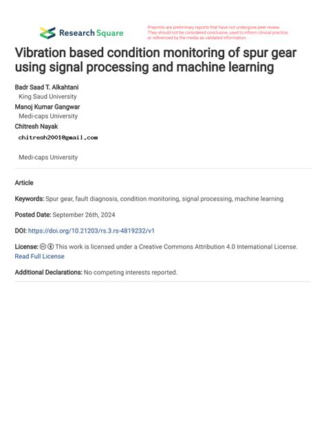 Pdf Vibration Based Condition Monitoring Of Spur Gear Using Signal Processing And Machine Learning