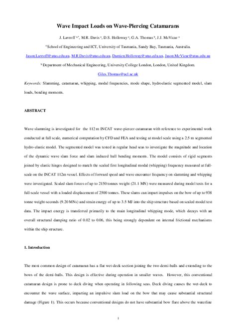 Pdf Wave Impact Loads On Wave Piercing Catamarans