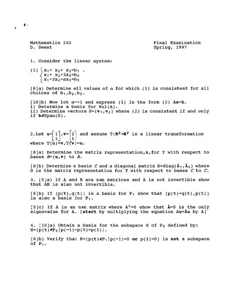 8 problems on introduction to linear algebra final examination math