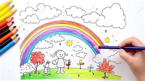 집에서 아이들의 무지개와 태양 아이의 색칠 색칠하기 그림 그리기 배경 일러스트 및 사진 무료 다운로드 Pngtree