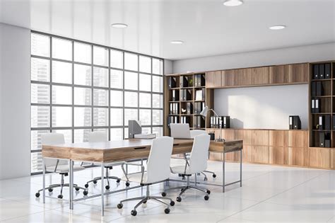 책장 이있는 흰색과 나무 Ceo 사무실 코너 0명에 대한 스톡 사진 및 기타 이미지 0명 3차원 형태 데스크탑 컴퓨터 Istock