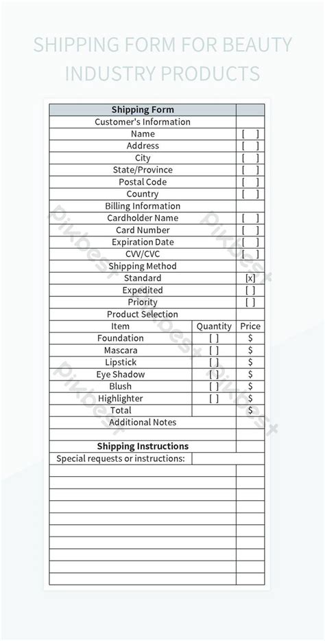 Shipping Form For Beauty Industry Products Excel Template Free