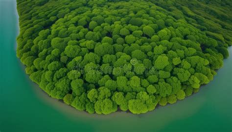 A Large Island Of Green Trees In The Middle Of A Lake Stock