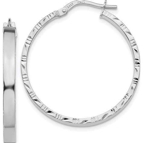 14k White Gold Diamond Cut Edge Large 3mm Polished Hoop Earrings 3225