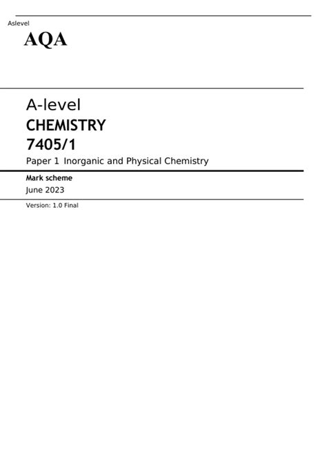 AQA A Level CHEMISTRY Paper JUNE QUESTION PAPER And MARK SCHEME Stuvia US
