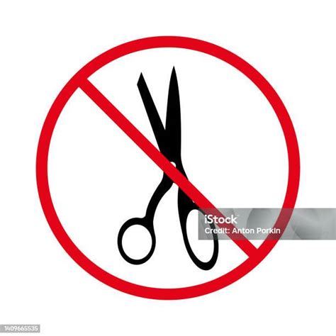 금지 된 한 쌍의 핸들 금속 가위 픽토그램 금지 가위 이발사 도구 블랙 실루엣 아이콘 전단 빨간색 정지 기호 허용되지 않는 가위 기호 금지 된 미용사 격리된 벡터 일러스트
