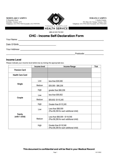 Income Self Declaration Form Terang Mortlake Health Service