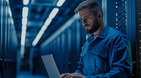 Premium Photo Engineer Examining Laptop And Repairing Office Network