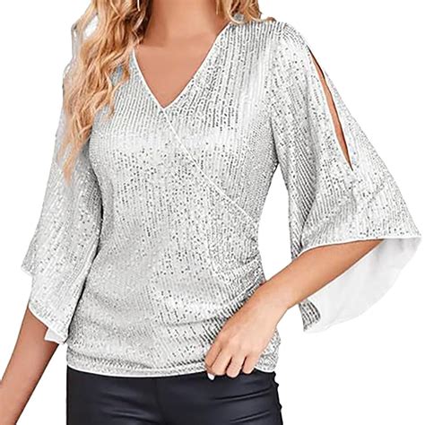 Dyfzdhu Women Sequin Tops 3 4 Sleeve Glitter Sparkly Party Blouse V Neck Dressy Tops For Evening