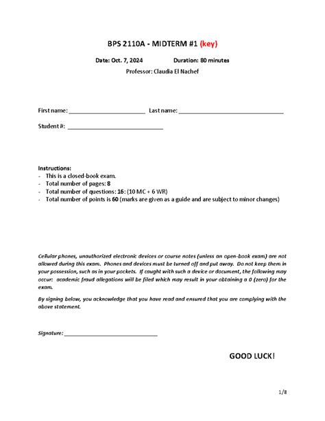 Bps 2110 Midterm 1 Answer Key Bps 2110 A Midterm 1 Key Date Oct 7 202 4 Duration 8