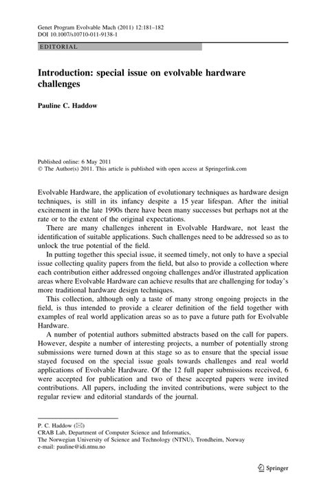 Pdf Introduction Special Issue On Evolvable Hardware Challenges