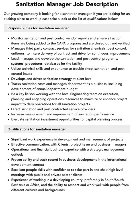 Sanitation Manager Job Description Velvet Jobs