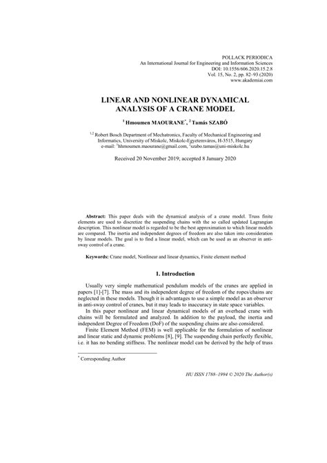 Pdf Linear And Nonlinear Dynamical Analysis Of A Crane Model