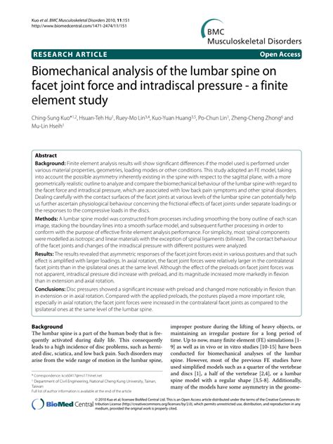 PDF Biomechanical Analysis Of The Lumbar Spine On Facet Joint Force And Intradiscal Pressure