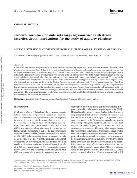 Pdf Bilateral Cochlear Implants With Large Asymmetries In Electrode Insertion Depth