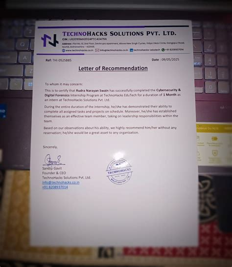 Letterofrecommendation Cybersecurity Ethicalhacking Technohacks… Rudra Narayan Swain