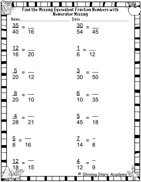 Find The Missing Equivalent Fraction Numbers With Numerator Missing Fraction Worksheets Math