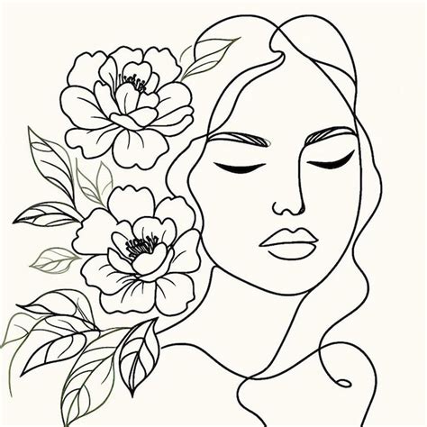Womans Face One Line Art With Camellia Flowers And Leaves Woman Drawn Continuous Style Vector