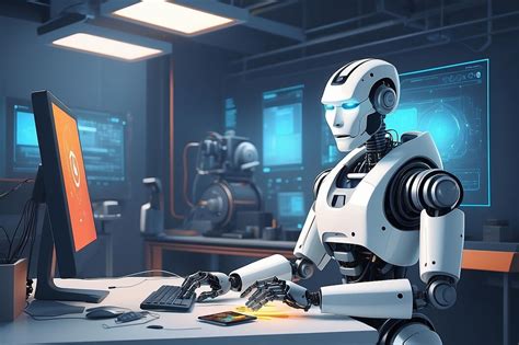 Premium Photo Modern Robot Working With Computer Fixing Errors
