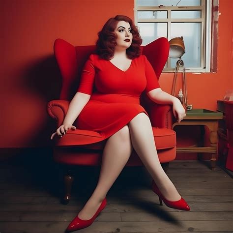 Premium Ai Image Plus Size Beautiful Woman Model In Red Dress Seated