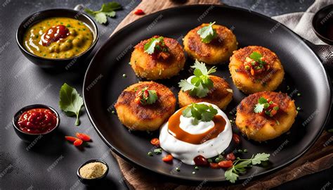 Aloo Tikki Chaat Crispy Potato Patties Topped With Chutney Yogurt And Spices Indian Cuisine