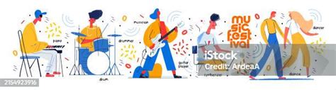 음악가 악기 및 댄서가 음악 축제에 참석합니다 신디사이저 또는 피아노를 연주하는 남자 드럼 연주자 기타리스트 춤추는 커플을