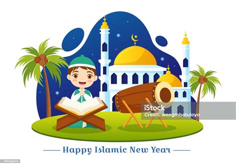 행복한 무하람 벡터 일러스트레이션 플랫 만화 손으로 그린 랜딩 페이지 배경 템플릿에서 이슬람 새해를 축하하는 아이들 12월 31일에 대한 스톡 벡터 아트 및 기타 이미지