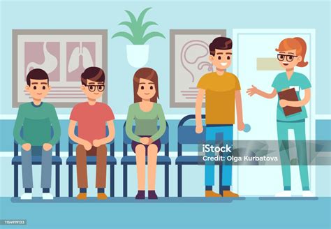 의사의 대기실에 있는 환자 사람 대기 홀 클리닉 복도 병원 구급차 전문 서비스 평면 벡터 일러스트 붐비는에 대한 스톡 벡터 아트
