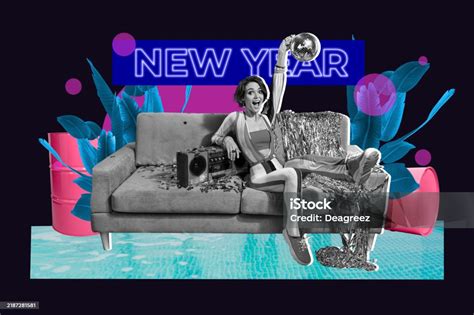 흥분한 소녀 앉아 코치 잡기 디스코 공 색종이 네온 새해 배너 어두운 배경에 배럴 식물의 합성 3d 크리 에이 티브 이미지