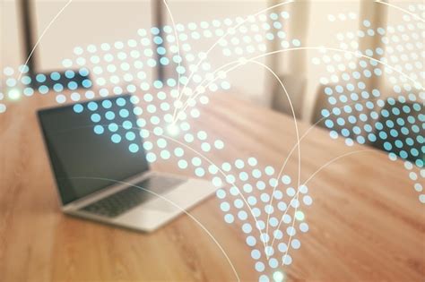 현대 노트북 배경 국제 무역 개념 다중 노출에 대한 연결이 있는 추상적이고 창의적인 세계 지도 프리미엄 사진