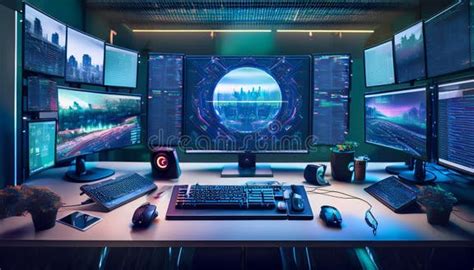 Multi Monitor Workstation With Futuristic Interface And Coding Setup Stock Image Image Of