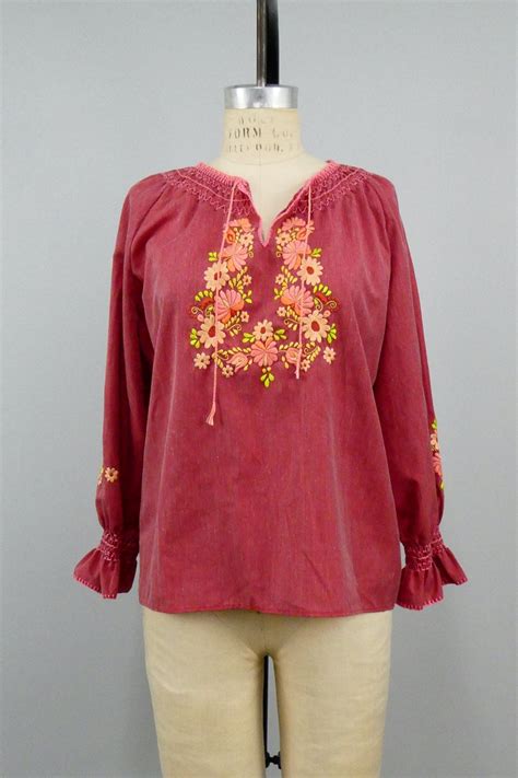 Vintage 1970s Deep Rose Pink Peasant Blouse 70s Penny Lane Vintage