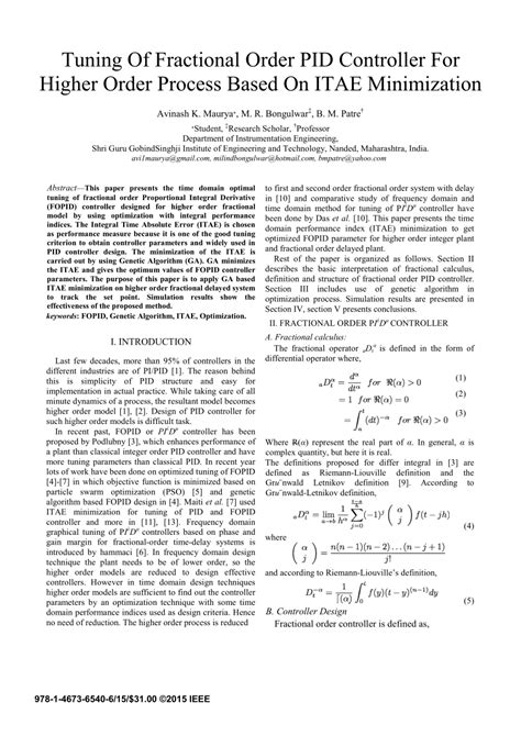 Pdf Tuning Of Fractional Order Pid Controller For Higher Order Process Based On Itae Minimization