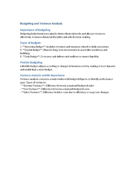 Budgeting And Variance Analysis Budgeting And Variance Analysis