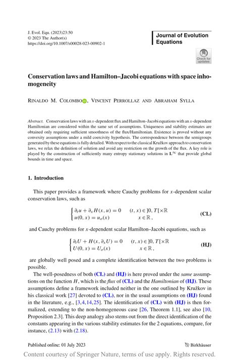 Pdf Conservation Laws And Hamilton Jacobi Equations With Space
