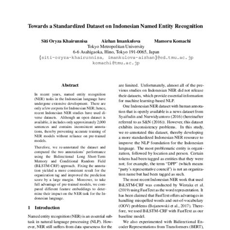 Towards A Standardized Dataset On Indonesian Named Entity Recognition
