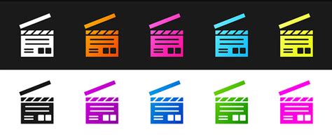 흑백 배경에 격리된 동영상 클래퍼 아이콘을 설정합니다 필름 클래퍼 보드 클래퍼 보드 기호입니다 영화 제작 또는 미디어 산업 벡터