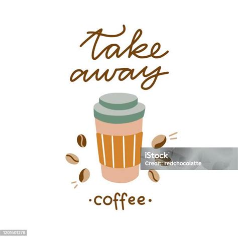 흰색 배경에 커피 종이 컵 벡터 그림과 문자를 멀리 가져 가라 커피 요소가 있는 귀여운 카드 귀여운에 대한 스톡 벡터 아트 및 기타 이미지 Istock
