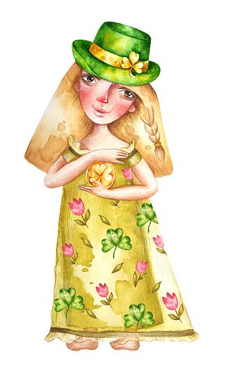 Gadis Imut Untuk Hari St Patrick Dengan Semanggi Untuk Keberuntungan