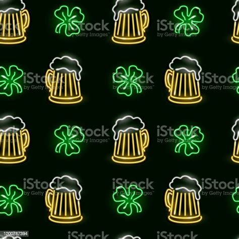 어두운 배경에 네온 맥주 머그잔과 토끼풀 매끄러운 패턴 알코올 술집 바 아일랜드어 개념 벡터 10 Eps 그림 Ale에 대한 스톡 벡터 아트 및 기타 이미지 Istock