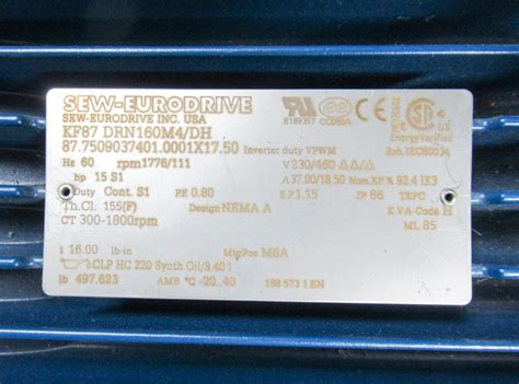 sew eurodrive kf87 drn160m4 dh 15 hp inverter duty vpwm gearmotor