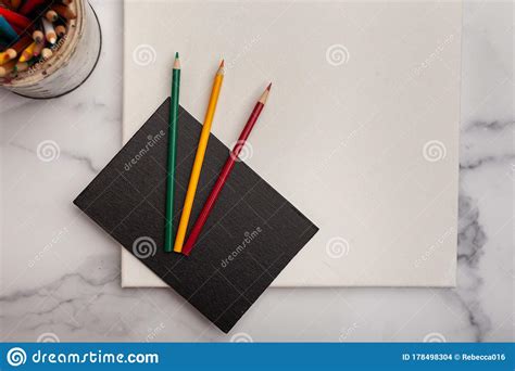 Blank Empty White Square Art Canvas With Art Drawing Pencils Stock